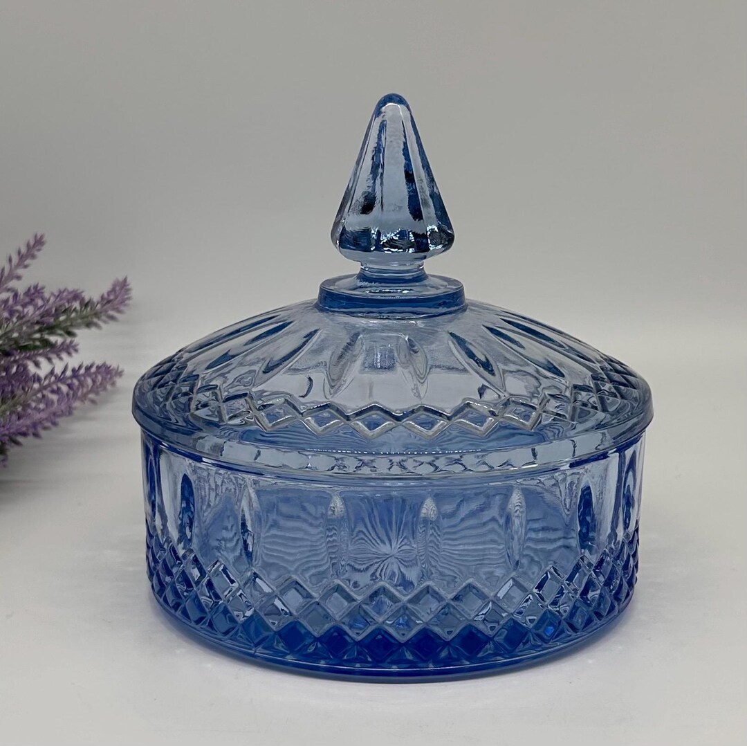 Vintage Indiana Glass Blue Princess Covered Candy Dish, Diamond Point ...