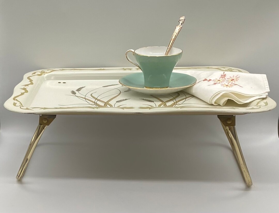 Vintage Metal TV Tray lap Bed Serving Table Beige & Gold Wheat Design ...