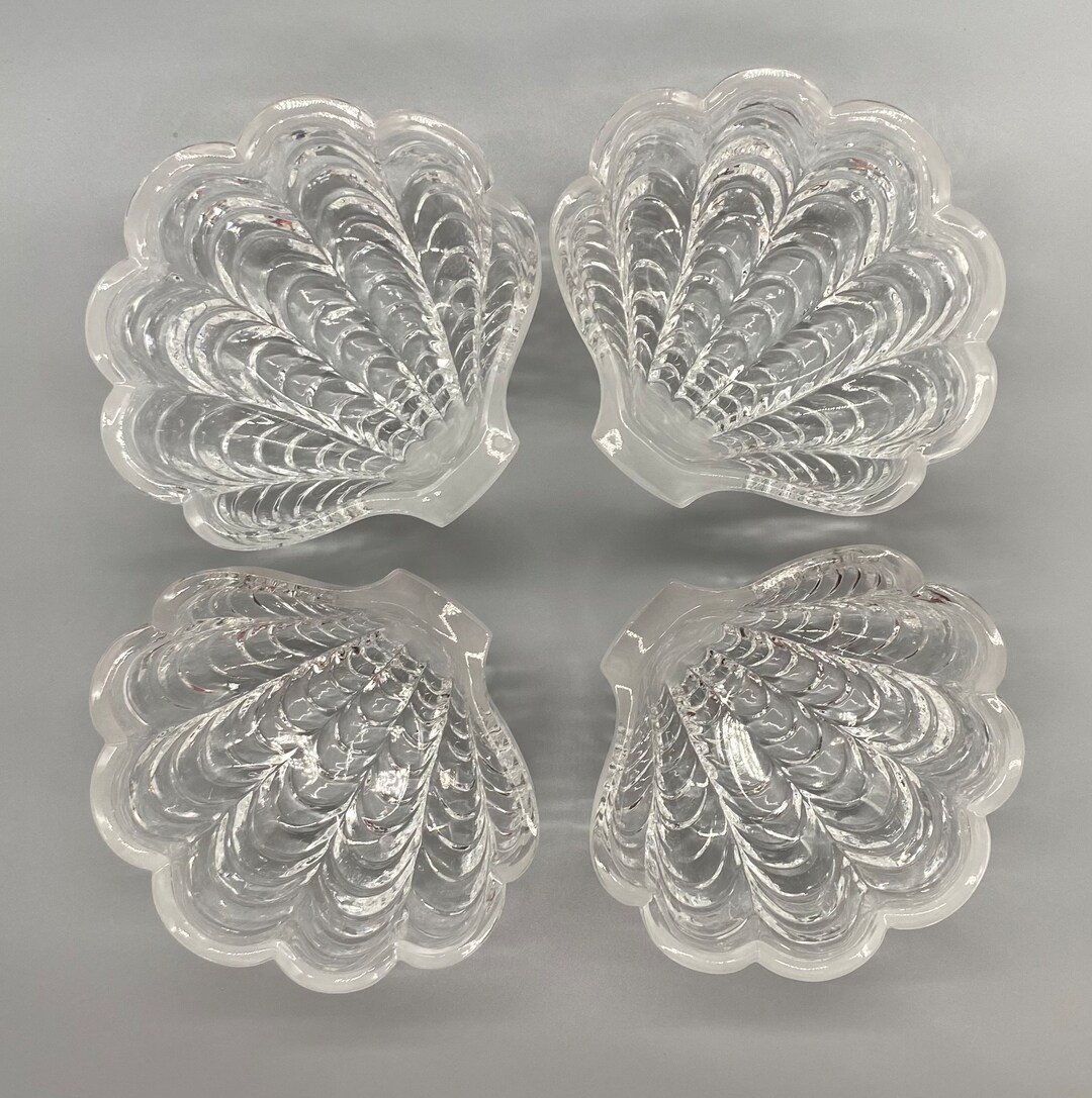 Vintage Thick Clear & Frosted Glass Scallop Shell Dessert Bowls - Set ...