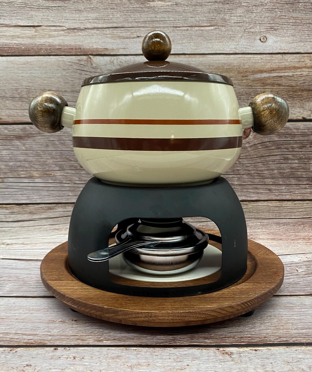 Retro Fondue Set With Wood/metal Underplate Mid Century - Etsy