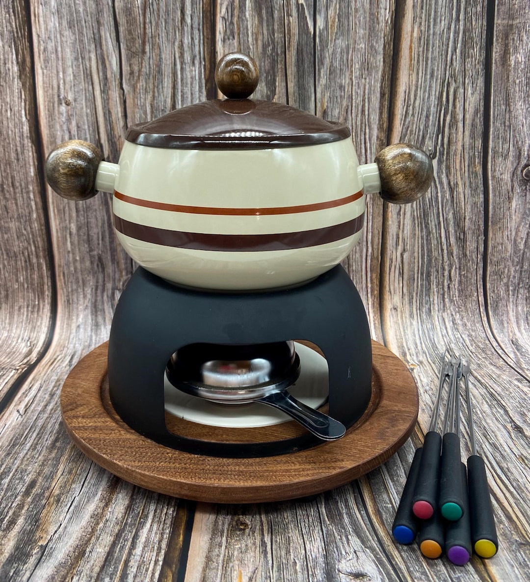 Vintage - Retro Fondue Set With Wood/metal Underplate/fondue Forks ...