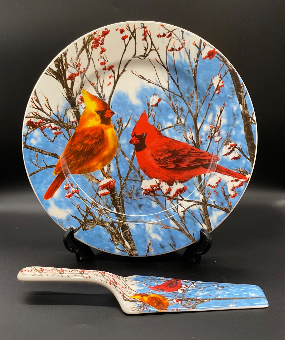 Vintage Cardinal Cake Plate With Cake Server - Winter Scene - Etsy