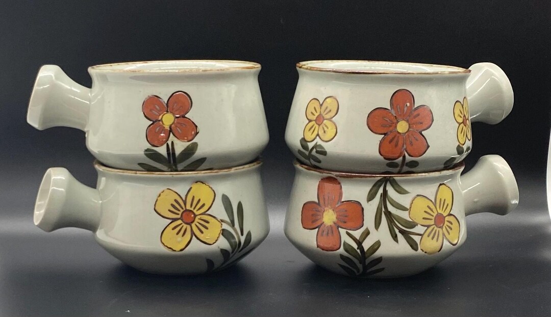 Mid Century Stoneware Soup/stew Bowls - Floral Design - Set of 4 - Made ...