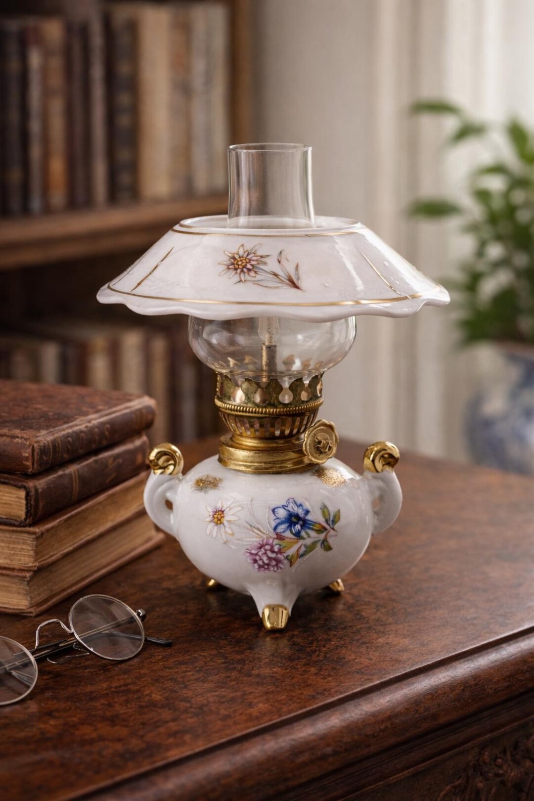 Vintage Hand Painted Floral Porcelain Oil Lamp – Miniature Victorian ...