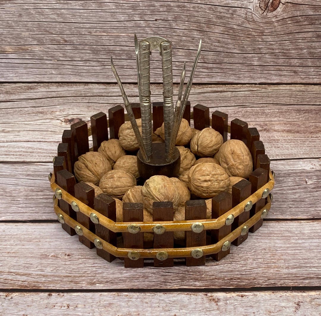 Vintage 8 Nut Bowl With Nutcracker and Picks Mid Century Barrel Slats ...