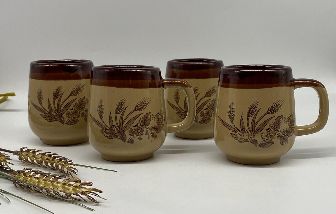 Vintage Beige/brown Glazed Pottery Wheat Mugs - Small Sized Mugs ...