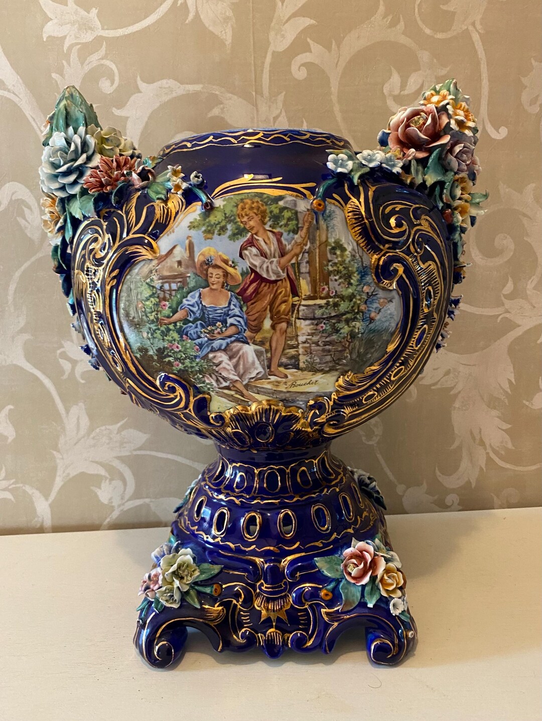 Large Antique Gold Footed Mantel Vase Hand Painted Cobalt Blue - Etsy