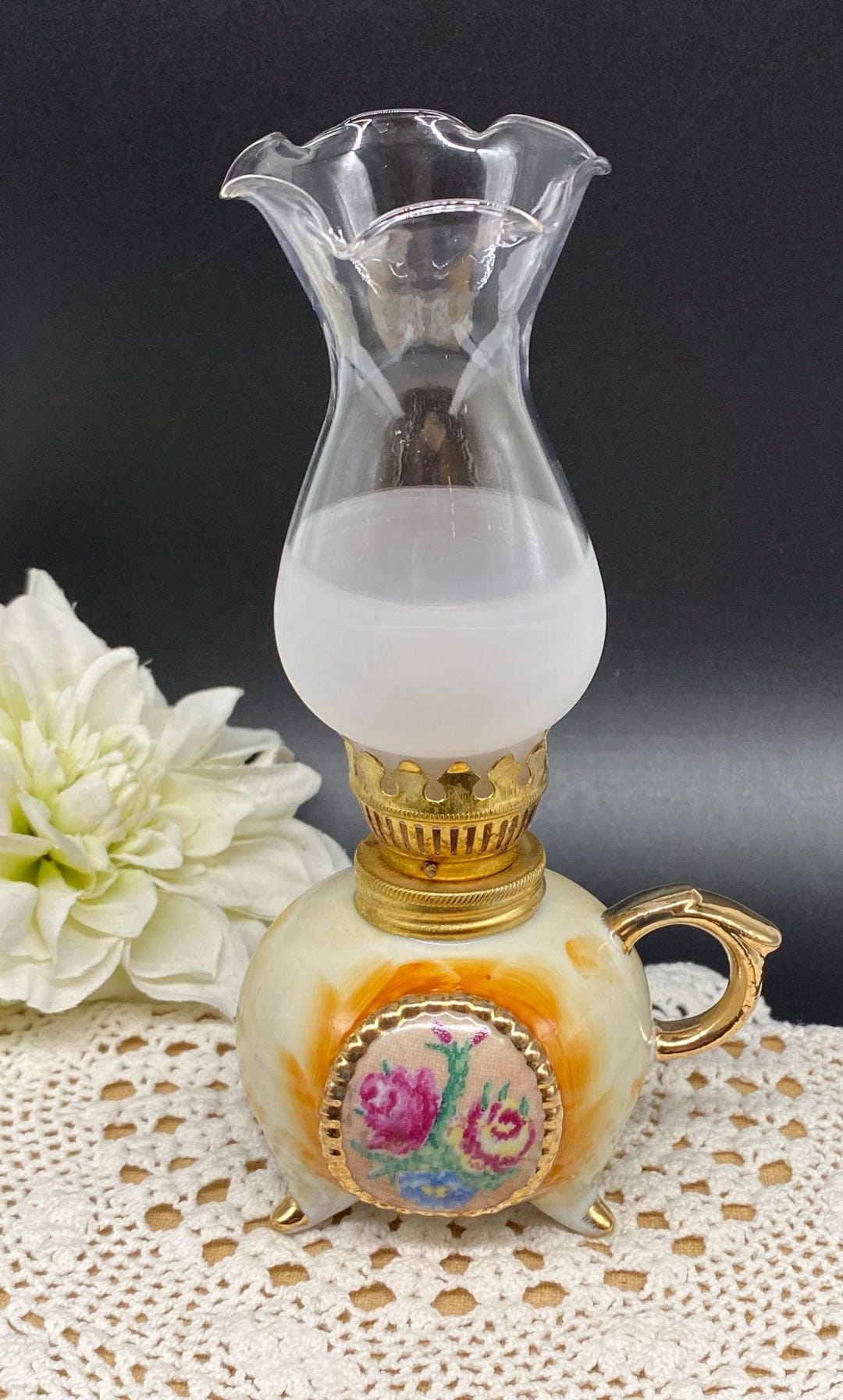 Vintage Enesco Miniature Oil Lamp: Floral Porcelain, Hand Painted, Made ...