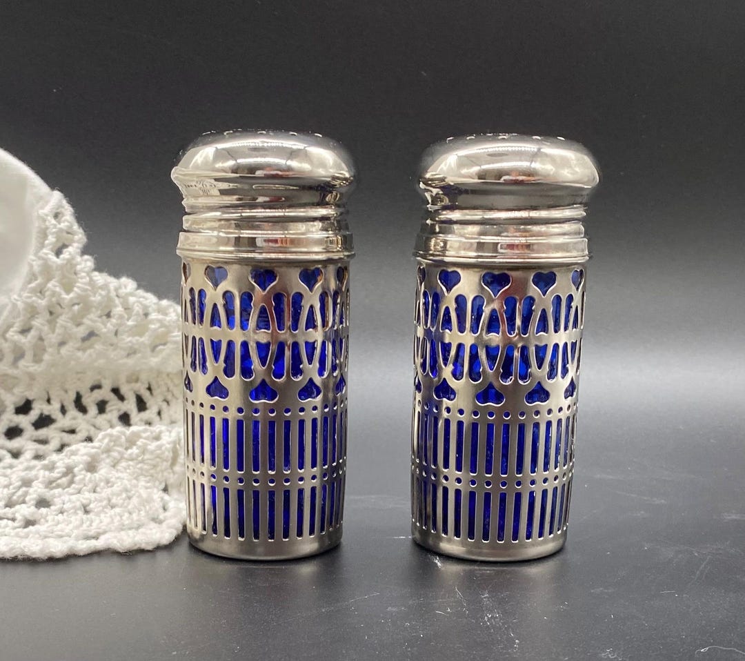Vintage Pair of Godinger Silver Filigree/cobalt Blue Glass Salt ...