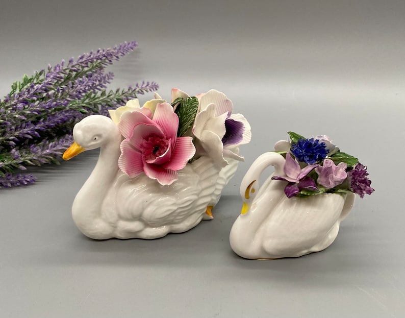 Vintage Floral Bone China Swan Figurines Set of Two - Etsy