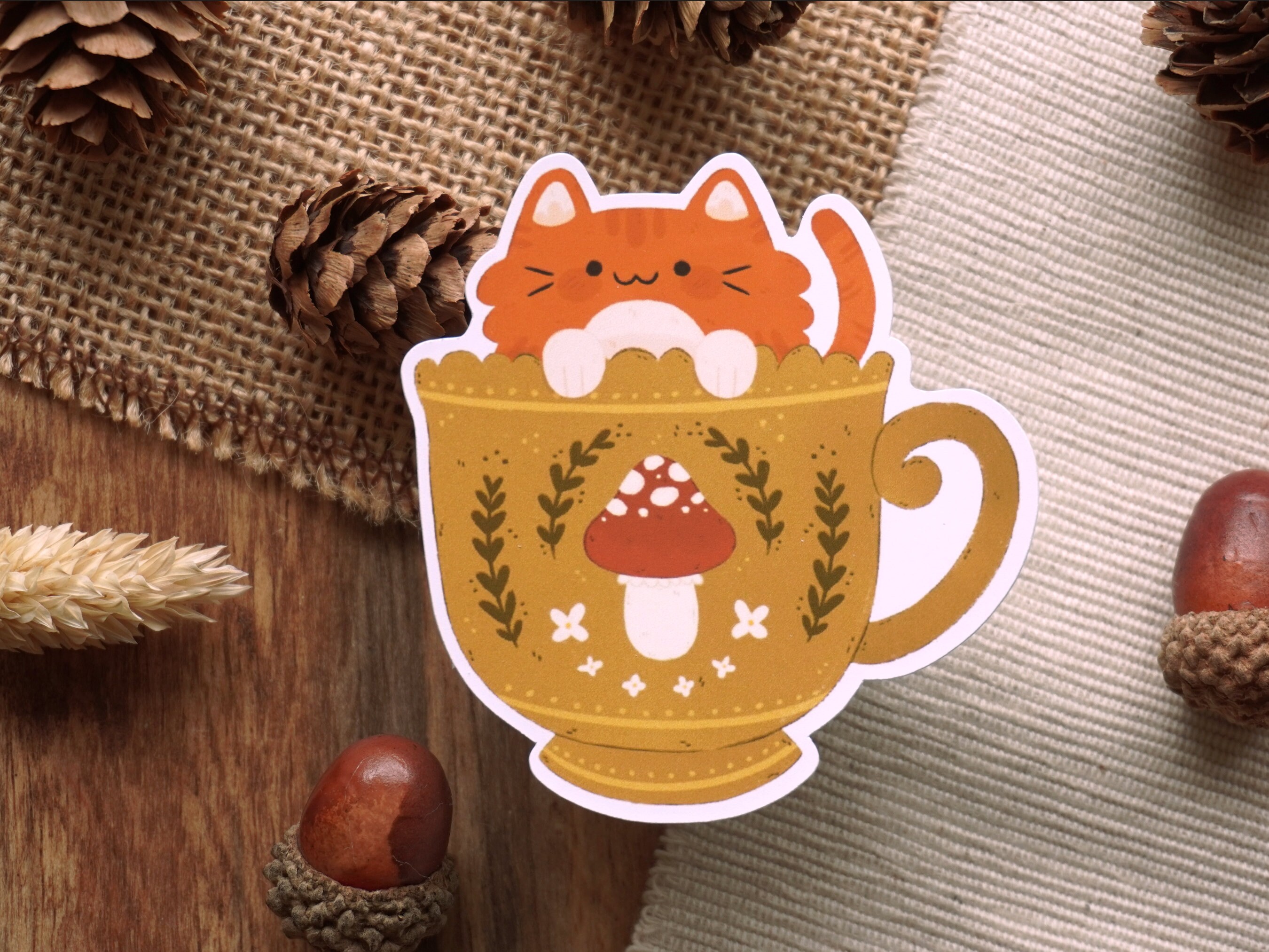 Orange Cat in Tea Cup Die-cut Matte Vinyl Sticker Waterproof Sticker ...