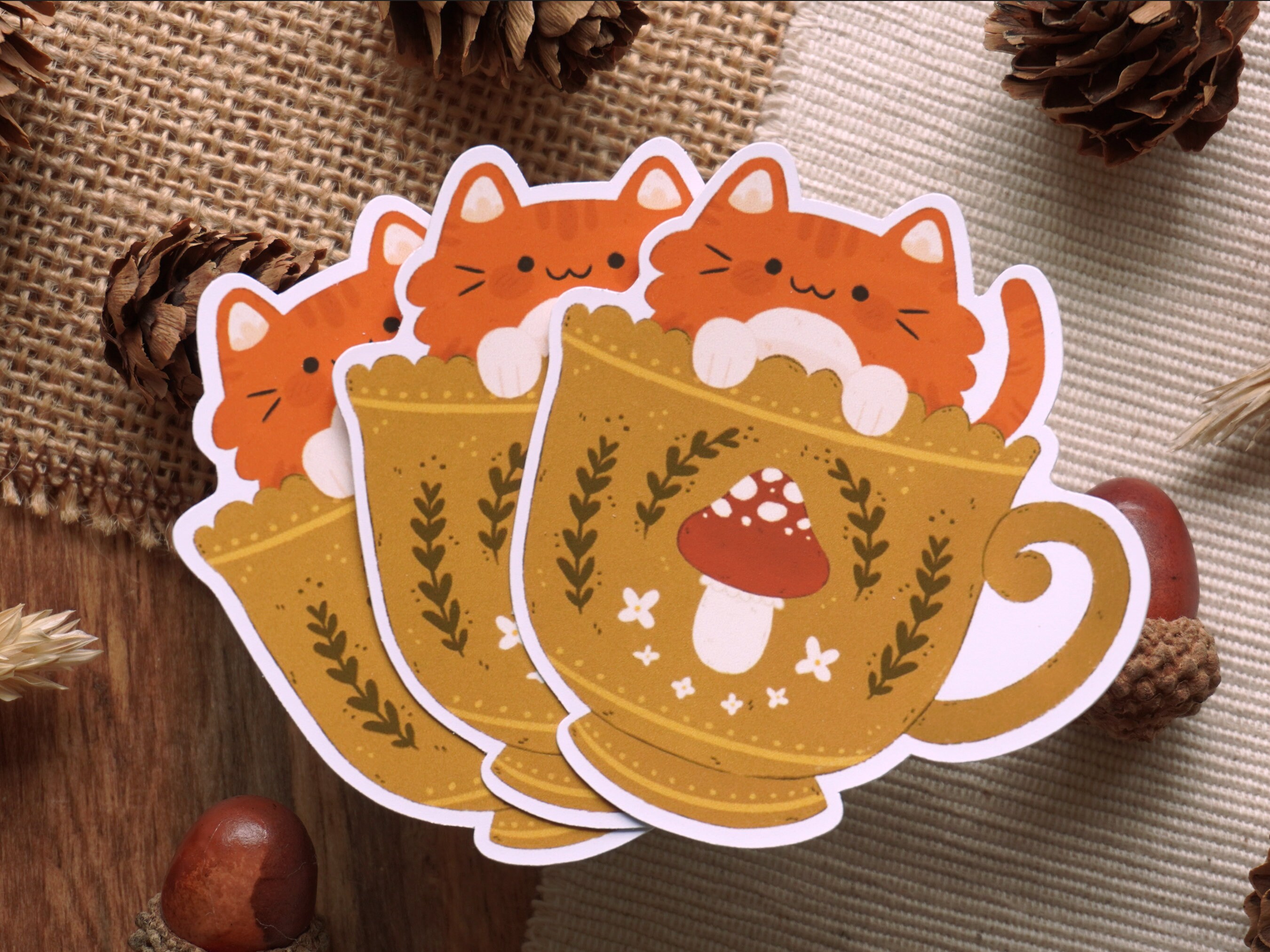 Orange Cat in Tea Cup Die-cut Matte Vinyl Sticker Waterproof Sticker ...