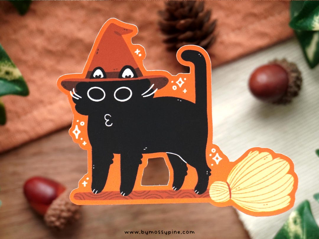 Black Witch Cat Sticker | Die-cut Matte Vinyl Sticker - Cute Halloween ...