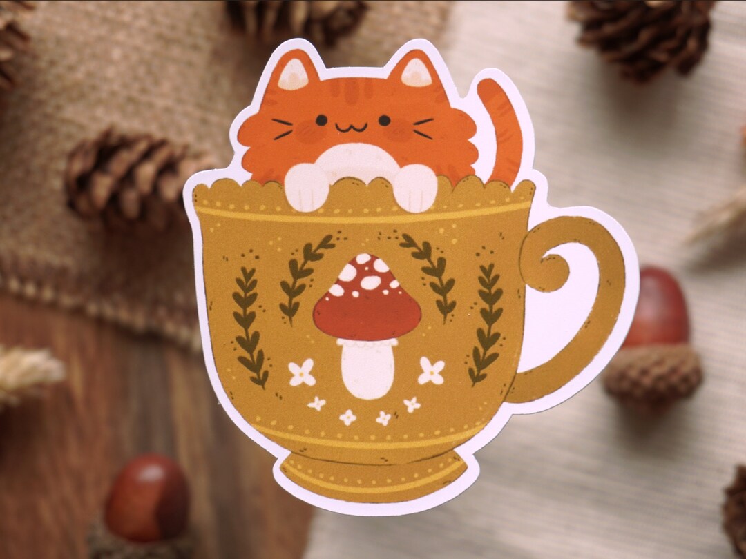 Orange Cat in Tea Cup Die-cut Matte Vinyl Sticker Waterproof Sticker ...