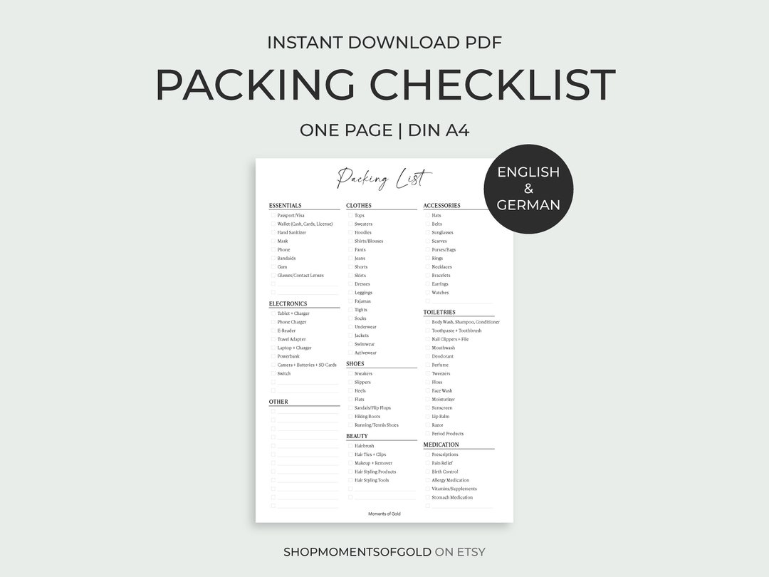 Packing List, Digital Printable, Vacation Travel Preparation, Checklist ...