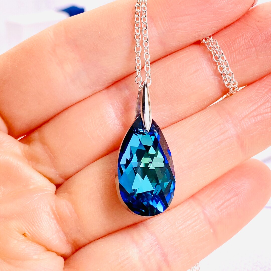 Bermuda Blue Crystal Necklace, Sterling Silver Necklace, Thoughtful ...