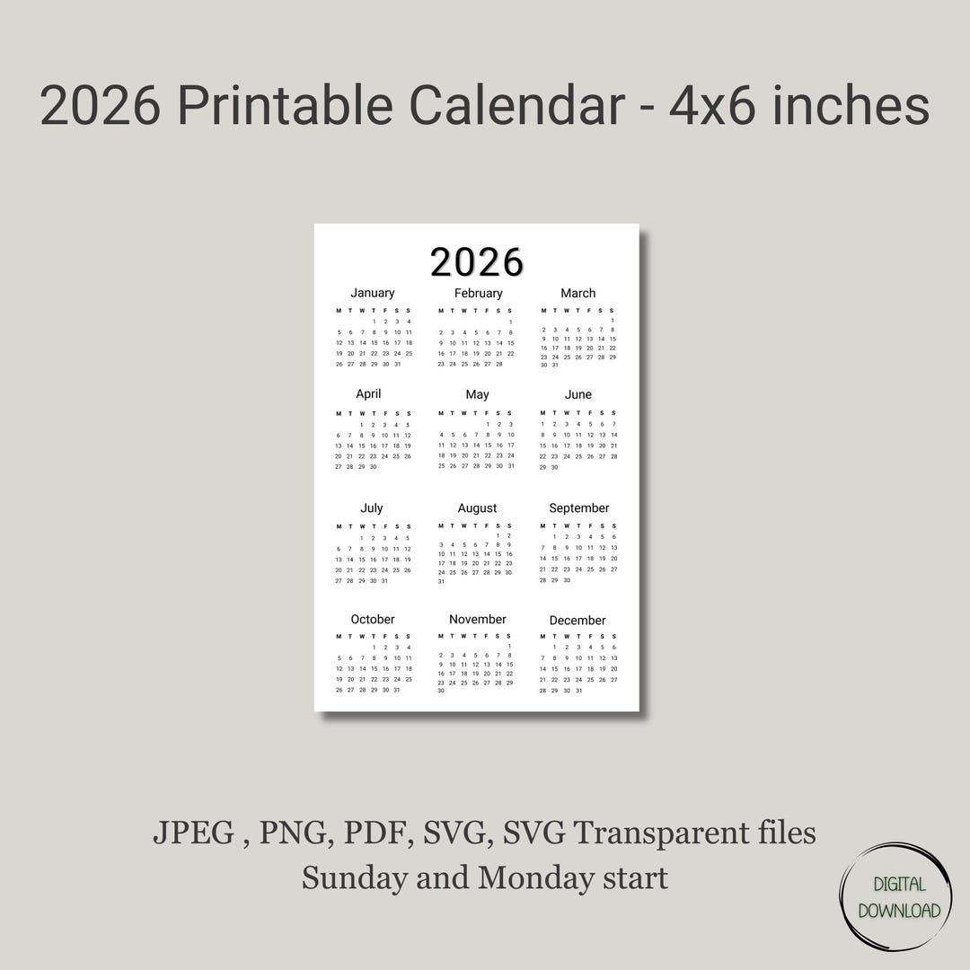 Printable 2026 Minimalist Calendar 4x6 Inches Calendar Desk Calendar ...
