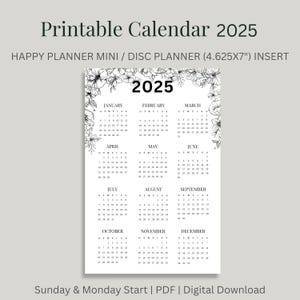 Printable Year at a Glance Calendar 2025 Mini Happy Planner Disc ...