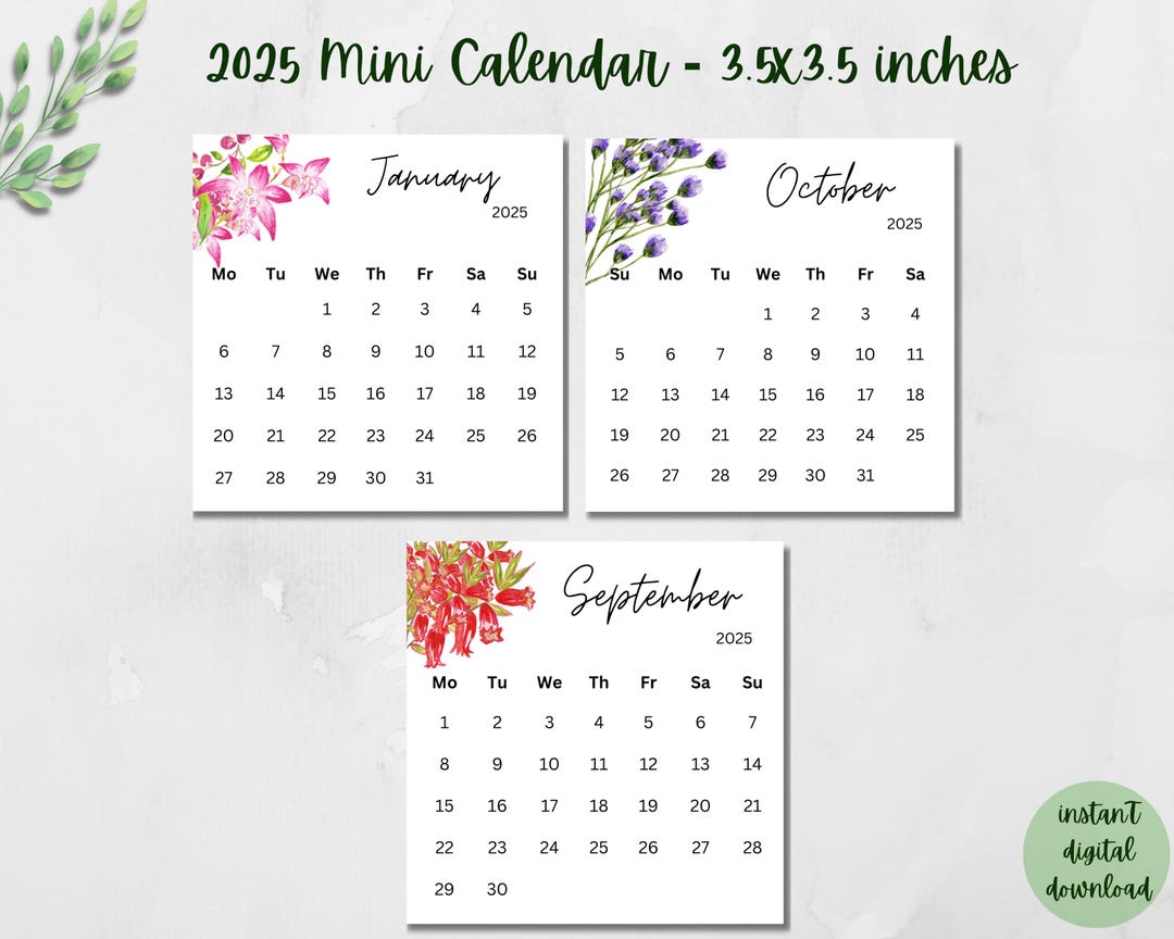 Printable 2025 Mini Calendar 3.5x3.5 Inches Floral Calendar Pocket ...