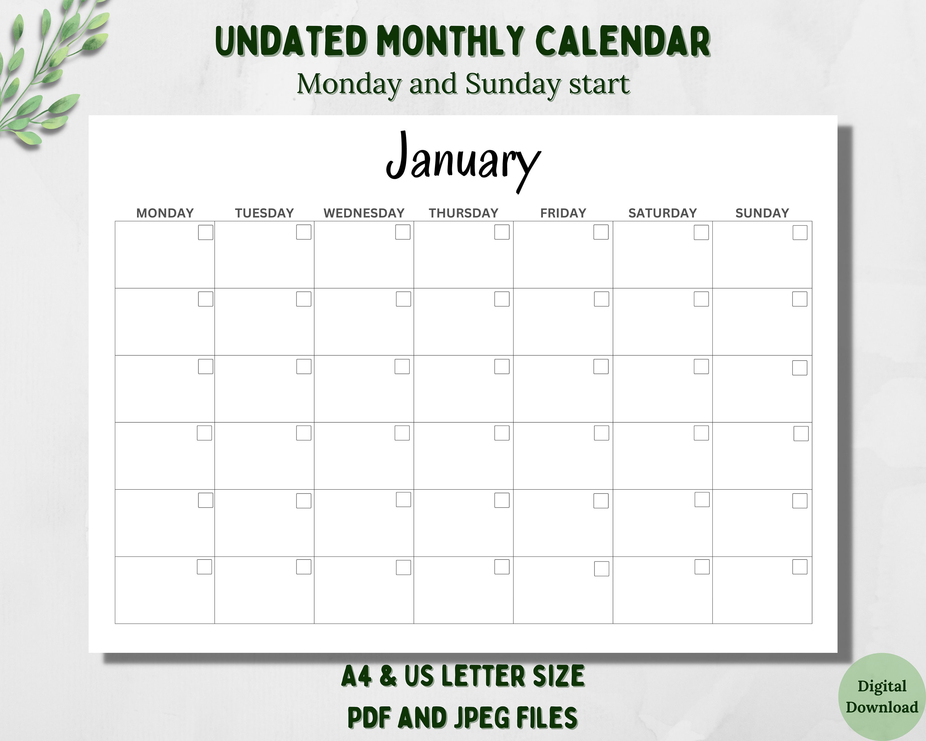 Printable Blank Monthly Calendar Undated Month at a Glance Calendar ...