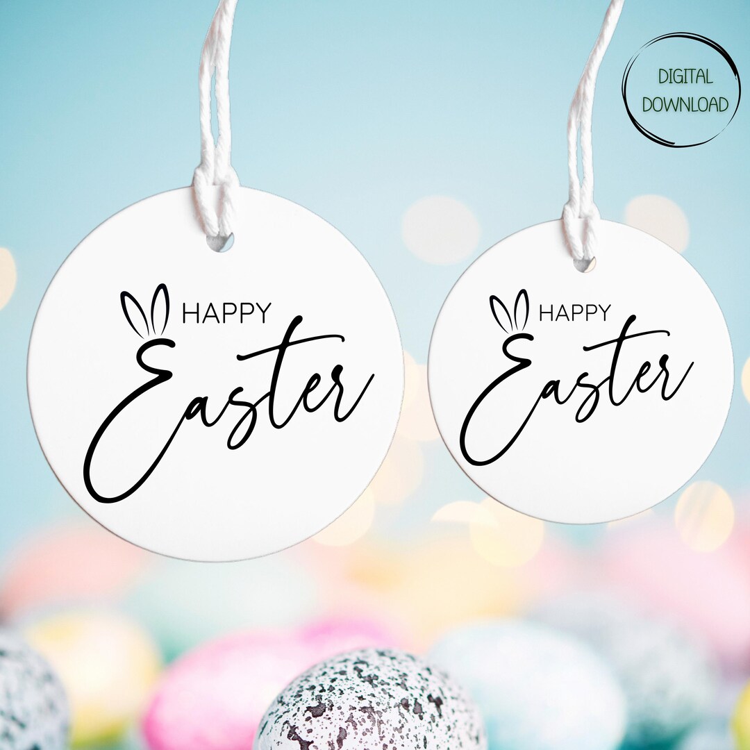 Happy Easter Tag Printable 2 and 2.5 Inches Round Minimalist Easter ...