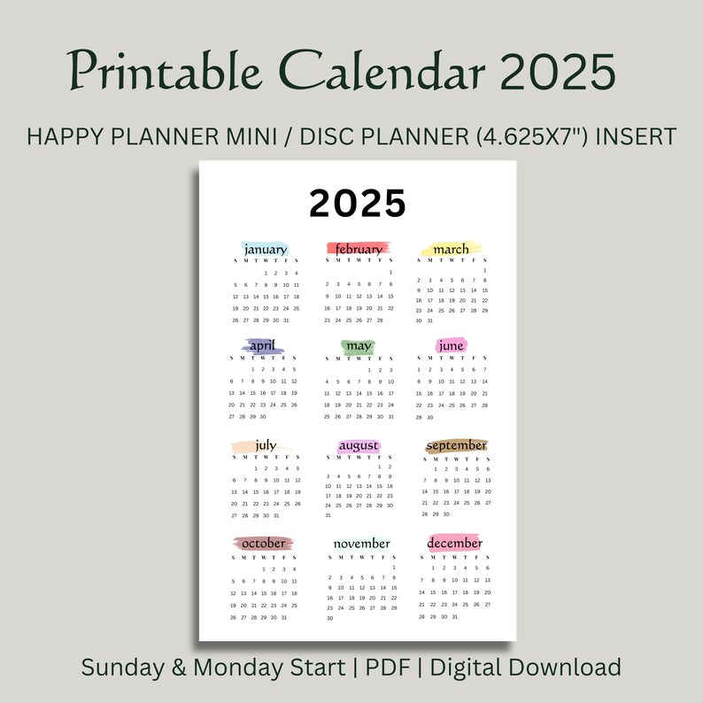 Printable Year at a Glance Calendar 2025 Mini Happy Planner Insert Disc ...