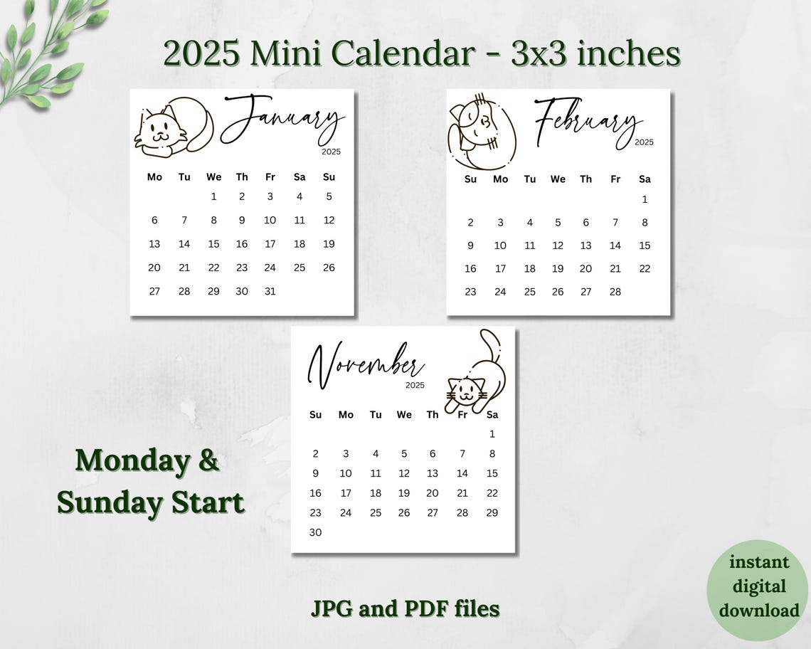 Printable 2025 Mini Calendar Cat Calendar 3x3 Inches Cat Vector Design ...