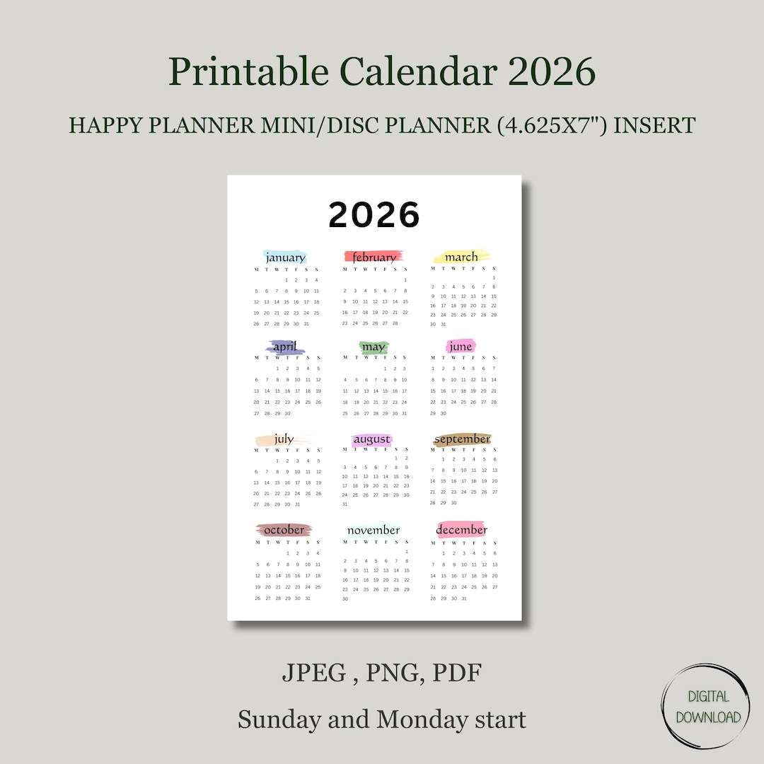 Printable Year at a Glance Calendar 2026 Mini Happy Planner Disc ...