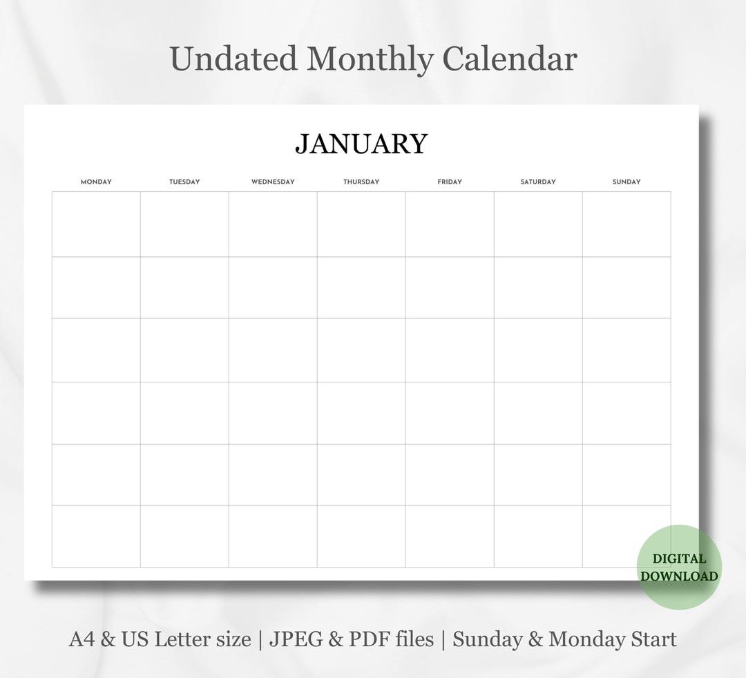 Printable Blank Monthly Calendar | Undated Calendar Month at a Glance ...