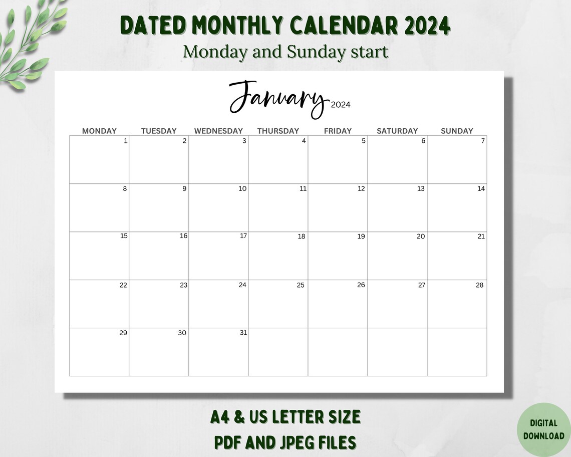 Printable Dated Monthly Calendar 2024 Month at a Glance Minimalist ...