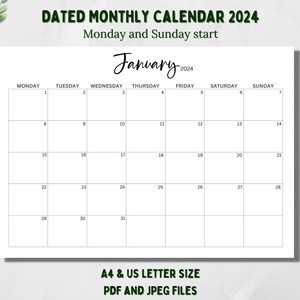 Printable Dated Monthly Calendar 2024 Month at a Glance Minimalist ...
