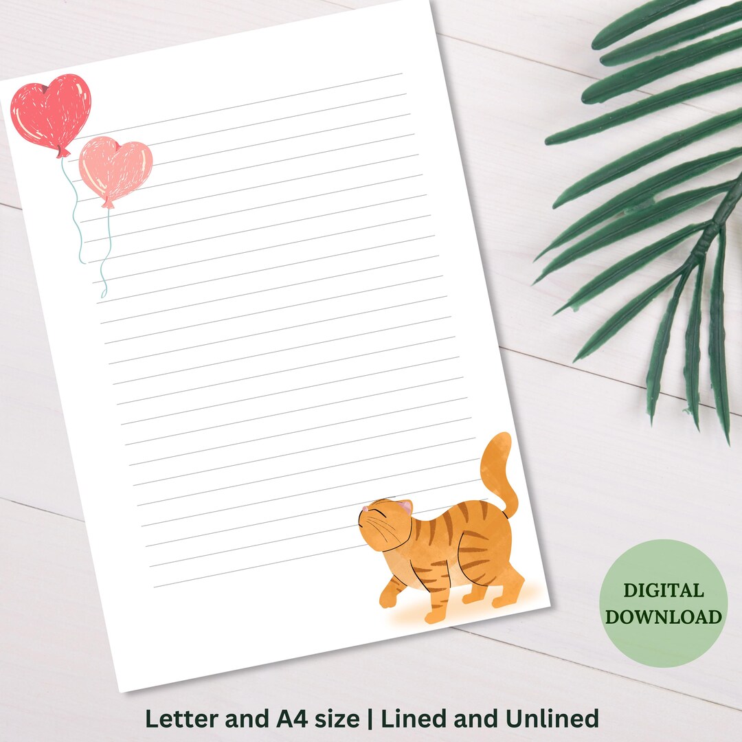 Printable Cat Writing Paper Valentine Cat Printable Stationery Lined ...