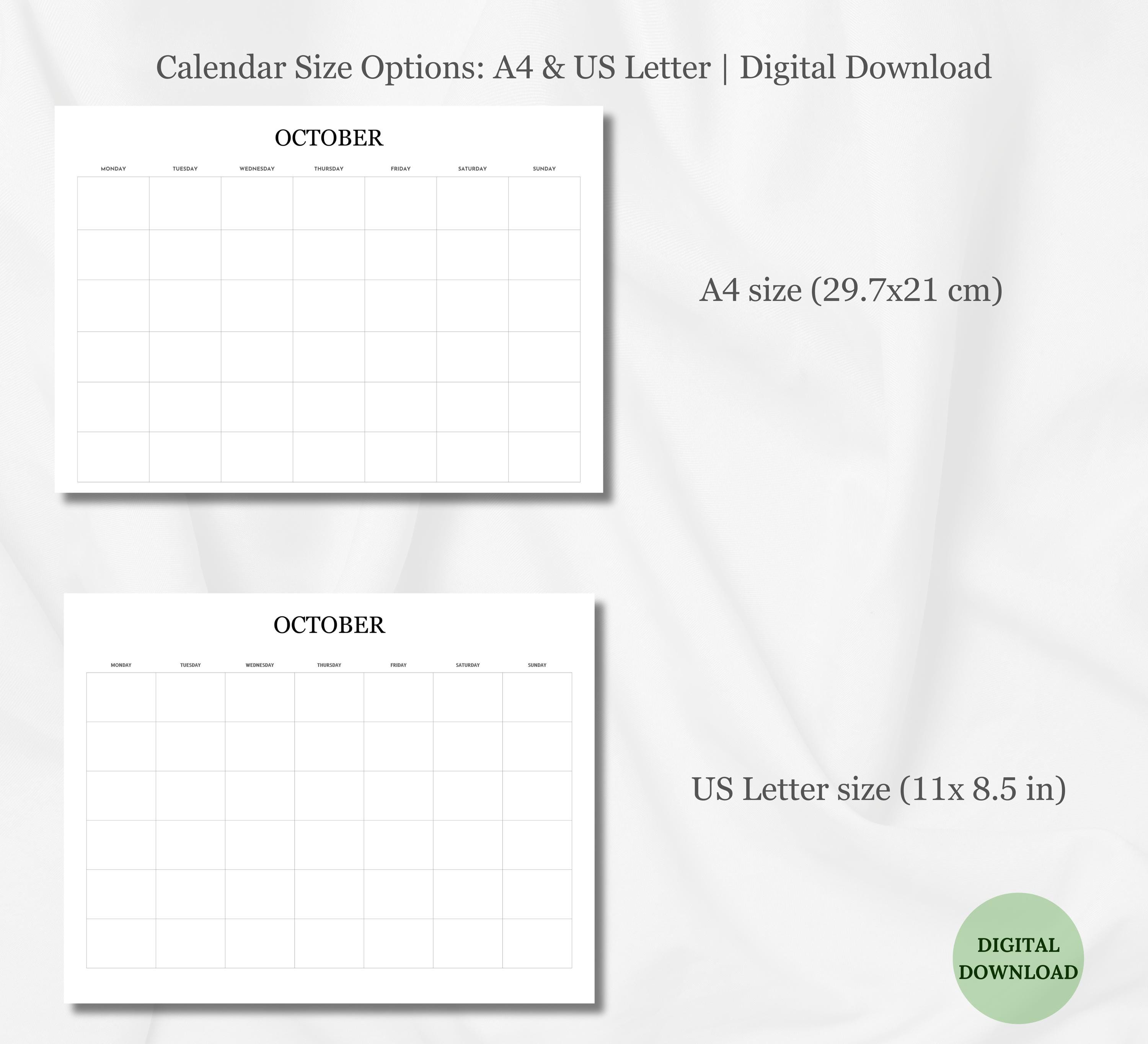 Printable Blank Monthly Calendar | Undated Calendar Month at a Glance ...