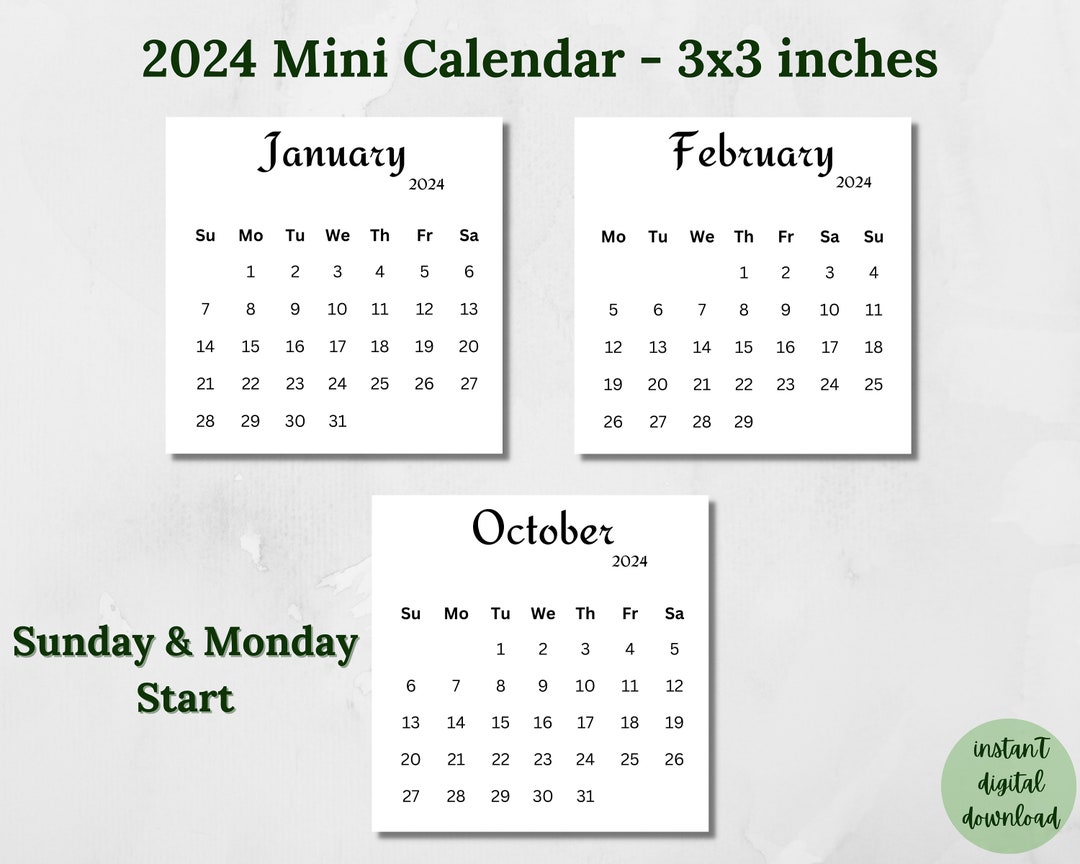Printable 2024 Mini Calendar 3x3 Inches Minimalist Calendar Pocket ...
