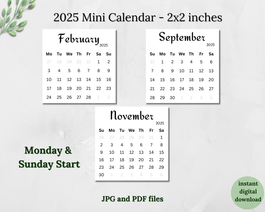 Printable 2025 Mini Calendar 2x2 Inches Minimalist Design Pocket ...