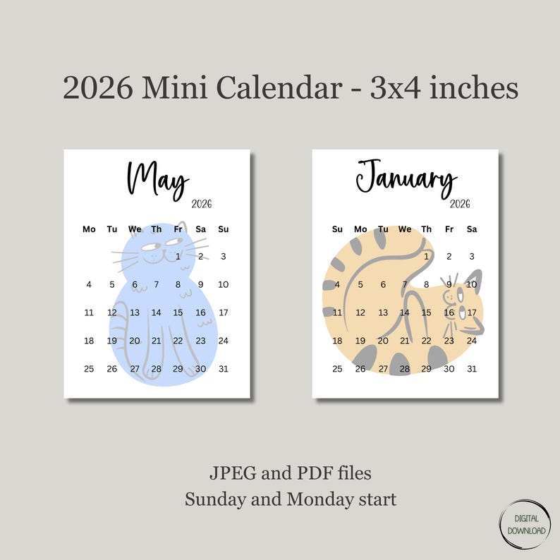 Printable Cat Calendar 2026 3x4 Mini Calendar Desk Calendar Planner ...