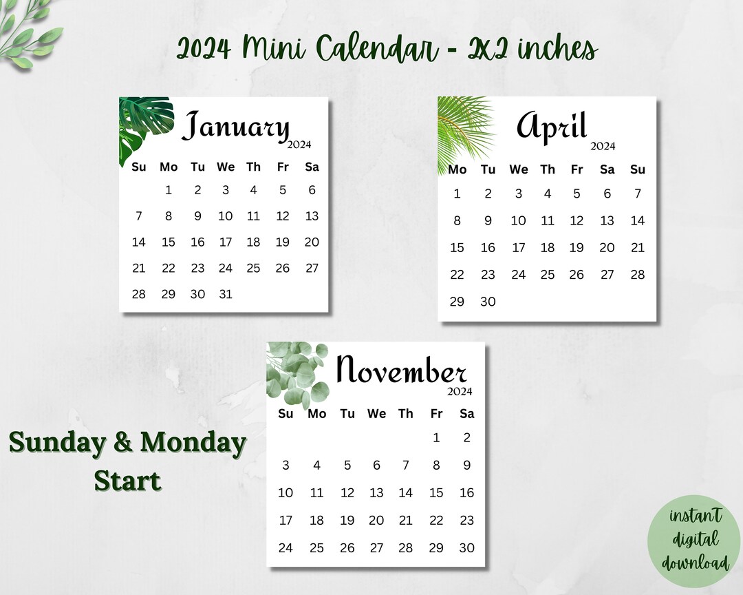 Printable 2024 Mini Calendar 2x2 Inches Pocket Calendar Desk Calendar ...