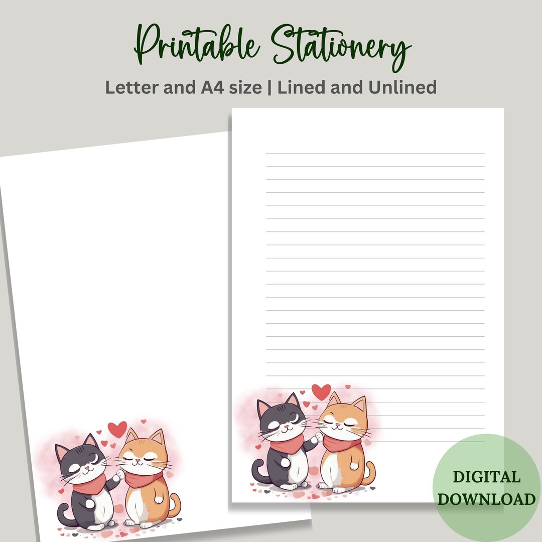 Printable Cat Writing Paper Valentine Cat Printable Stationery Cat Love ...
