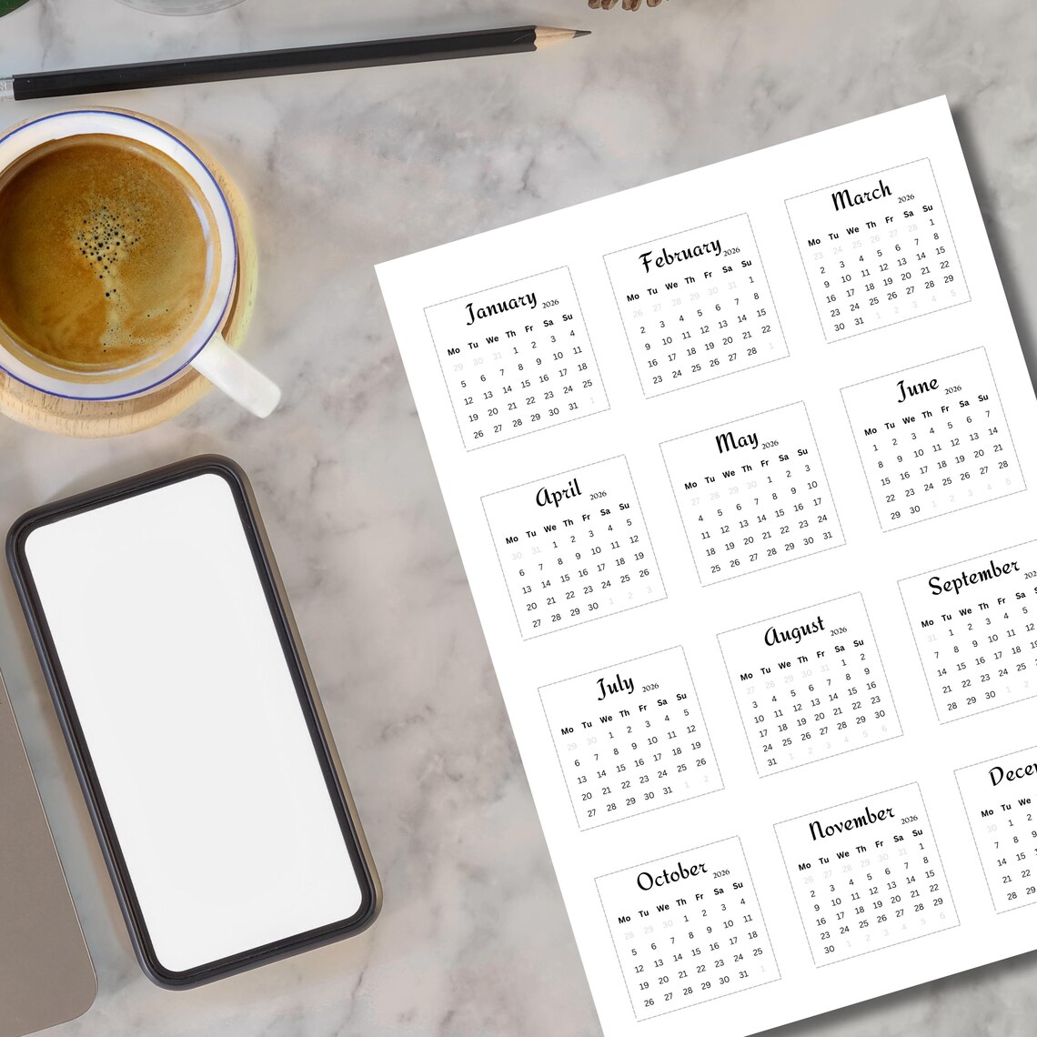 Printable 2026 Mini Calendar 2x2 Inches Minimalist Design Pocket ...