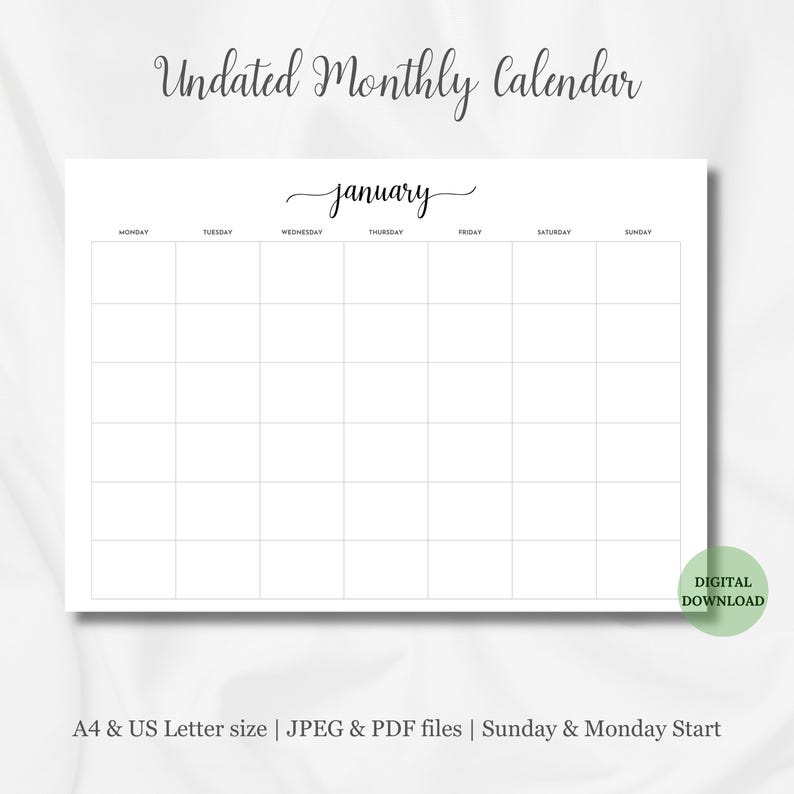 Printable Blank Monthly Calendar Undated Calendar Month at a Glance ...