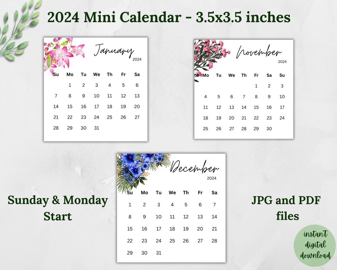 Printable 2024 Mini Calendar 3.5x3.5 Inches Floral Calendar Pocket ...