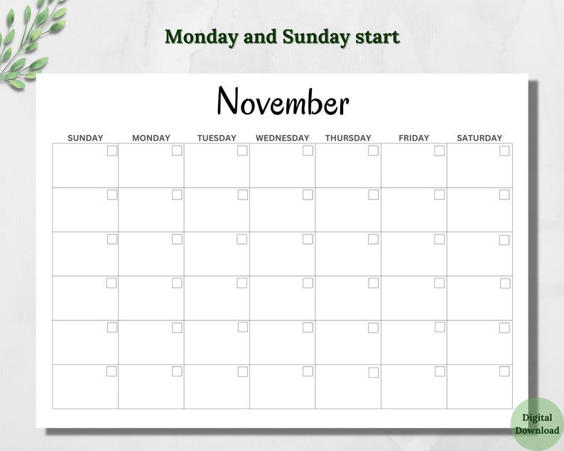 Printable Blank Monthly Calendar Undated Month at a Glance Calendar ...