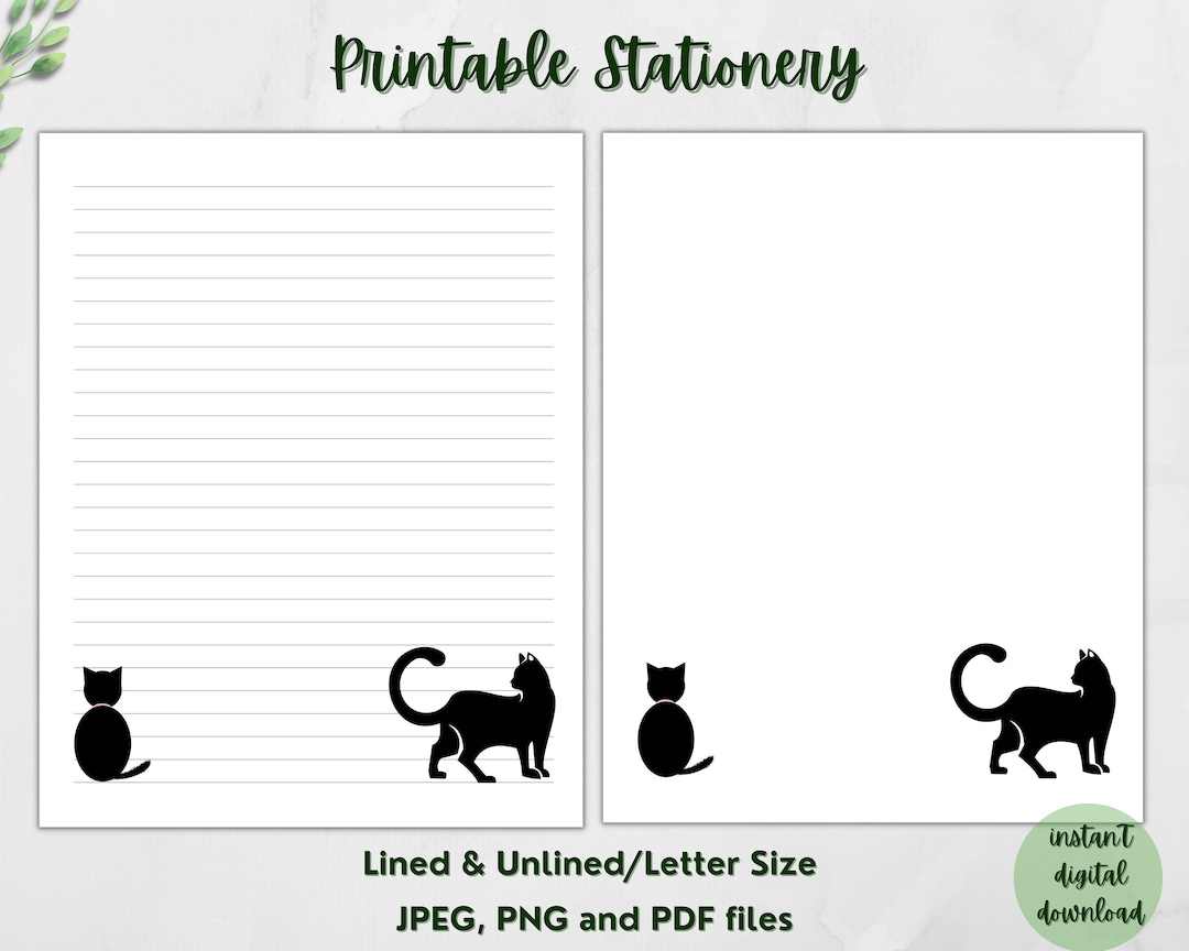 Printable Letter Writing Paper Cat Stationery Black Cats Penpal Notepad ...