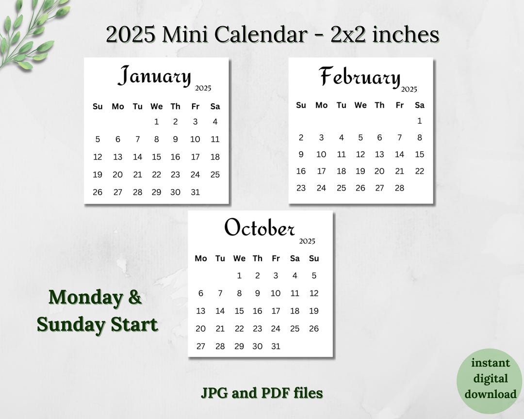 Printable 2025 Mini Calendar 2x2 Inches Minimalist Design Pocket ...