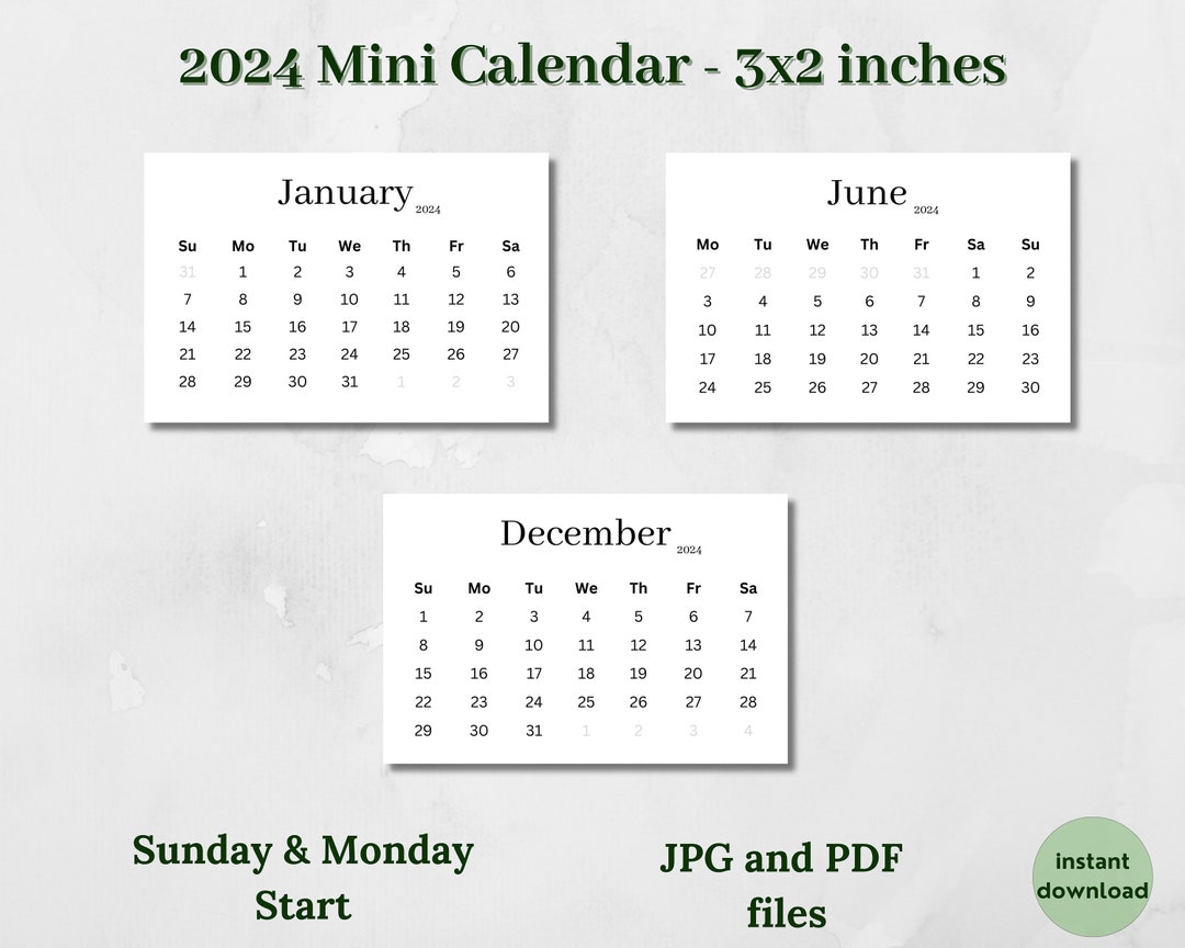 Printable 2024 Mini Calendar 3x2 Minimalist Calendar Pocket Calendar ...