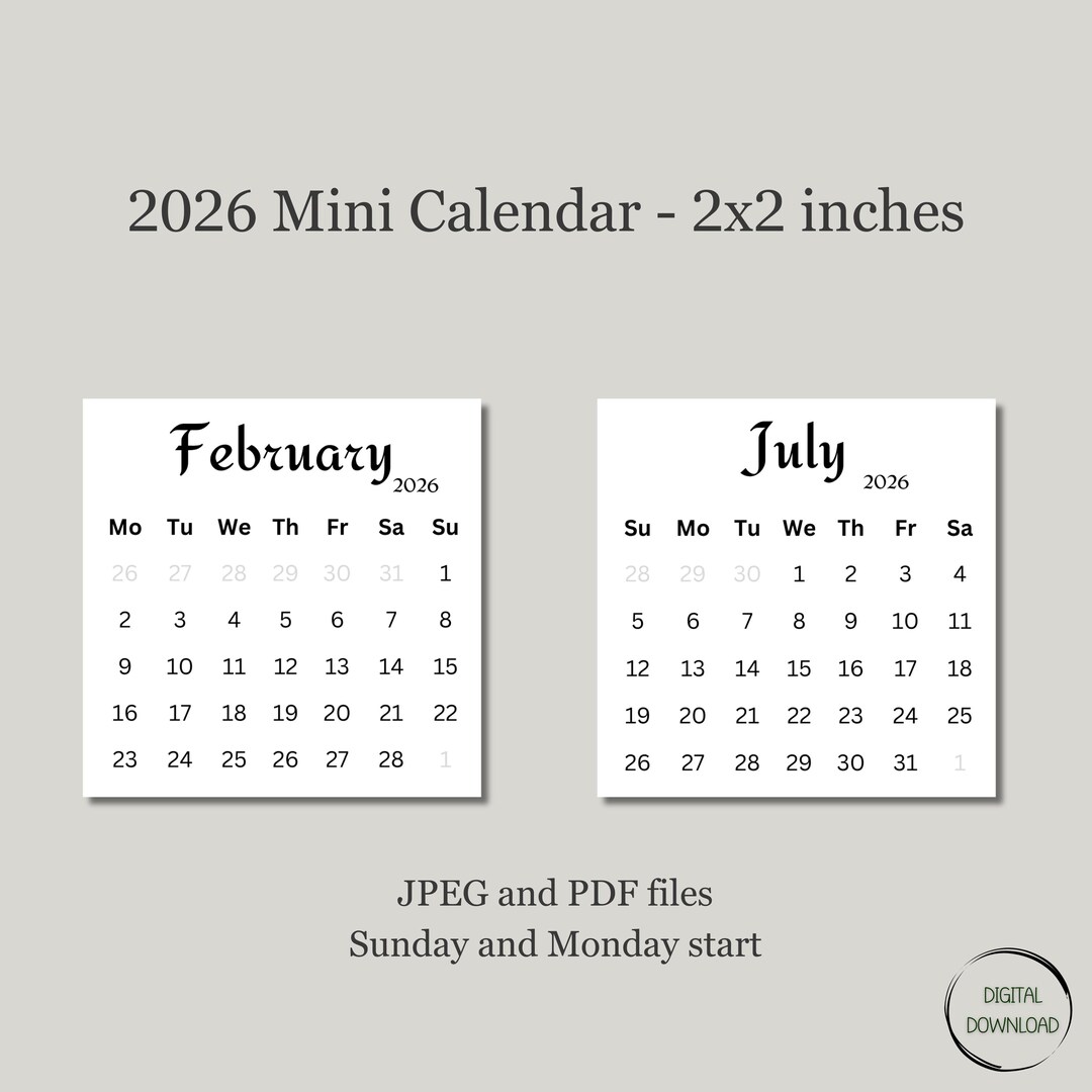 Printable 2026 Mini Calendar 2x2 Inches Minimalist Design Pocket ...