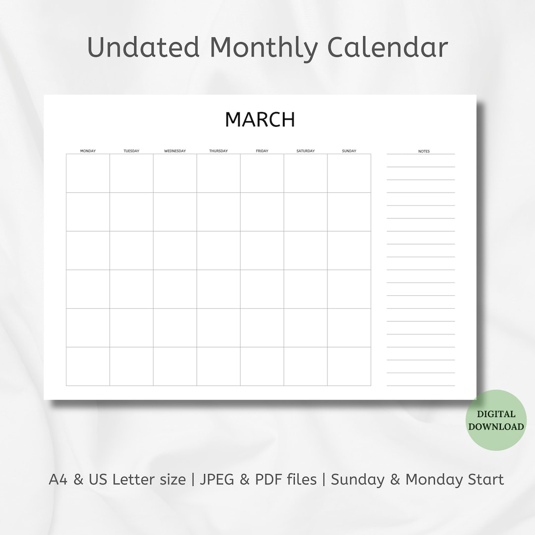 Printable Blank Monthly Calendar With Notes | Undated Calendar Month at ...