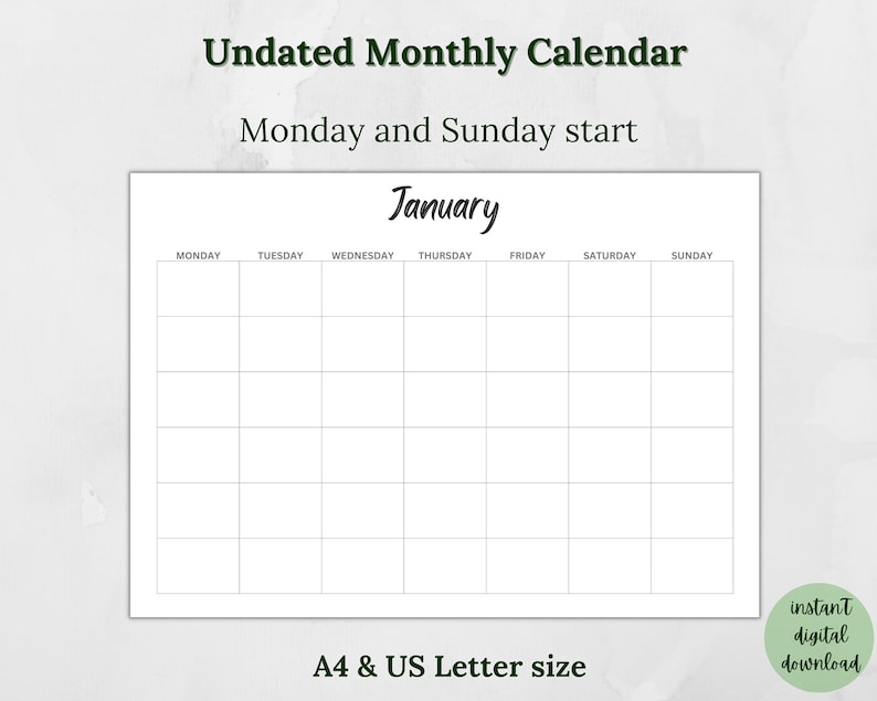 Printable Blank Monthly Calendar Undated Month at a Glance - Etsy