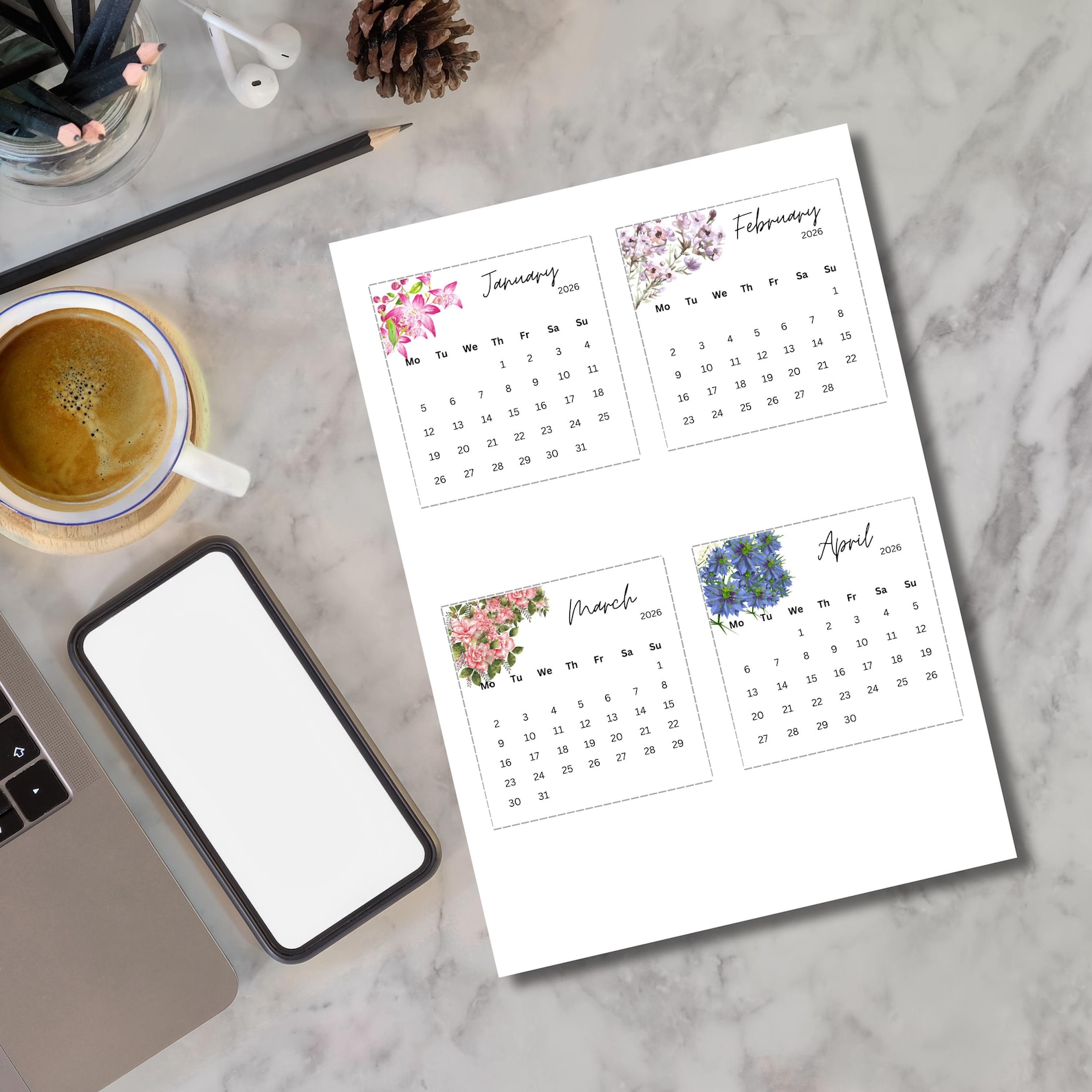 Printable 2026 Mini Calendar 3.5x3.5 Inches Floral Calendar Pocket ...