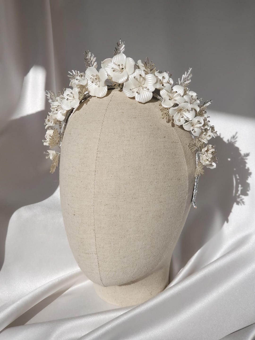 Hand Sculpted Floral Headpiece in White With Silver Tube Bead Leaves - Etsy